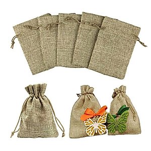 Tomkity 100 Pcs 3x4 Inch Linen Burlap Bags with Drawstring Reusable for Jewelry Wedding Party DIY Craft Gift Bags