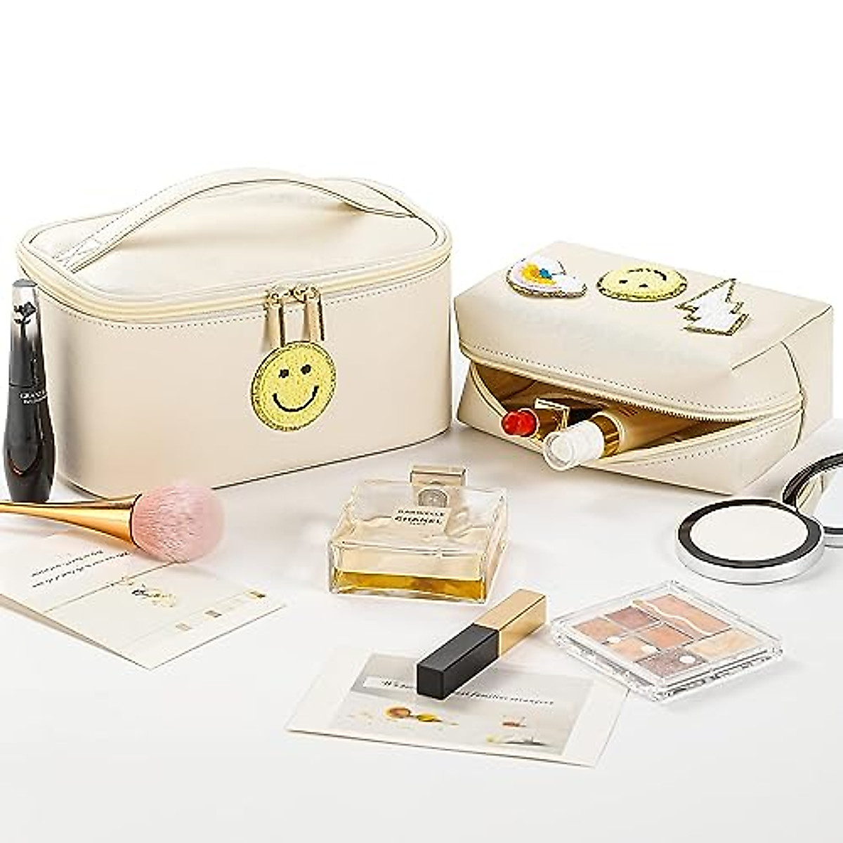 WALONER 2 Pack Preppy Patch Makeup Bag Leather Cosmetic Bag Makeup Pouch, Portable Waterproof Travel Toiletry Organizer,Toiletry Bag for Women Girls Gifts (White)