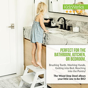 KidzWerks Kids Step Stool for Toddlers Bathroom Kitchen Potty Wooden Children’s Stepping Standing 2-Step Ladder, Grey