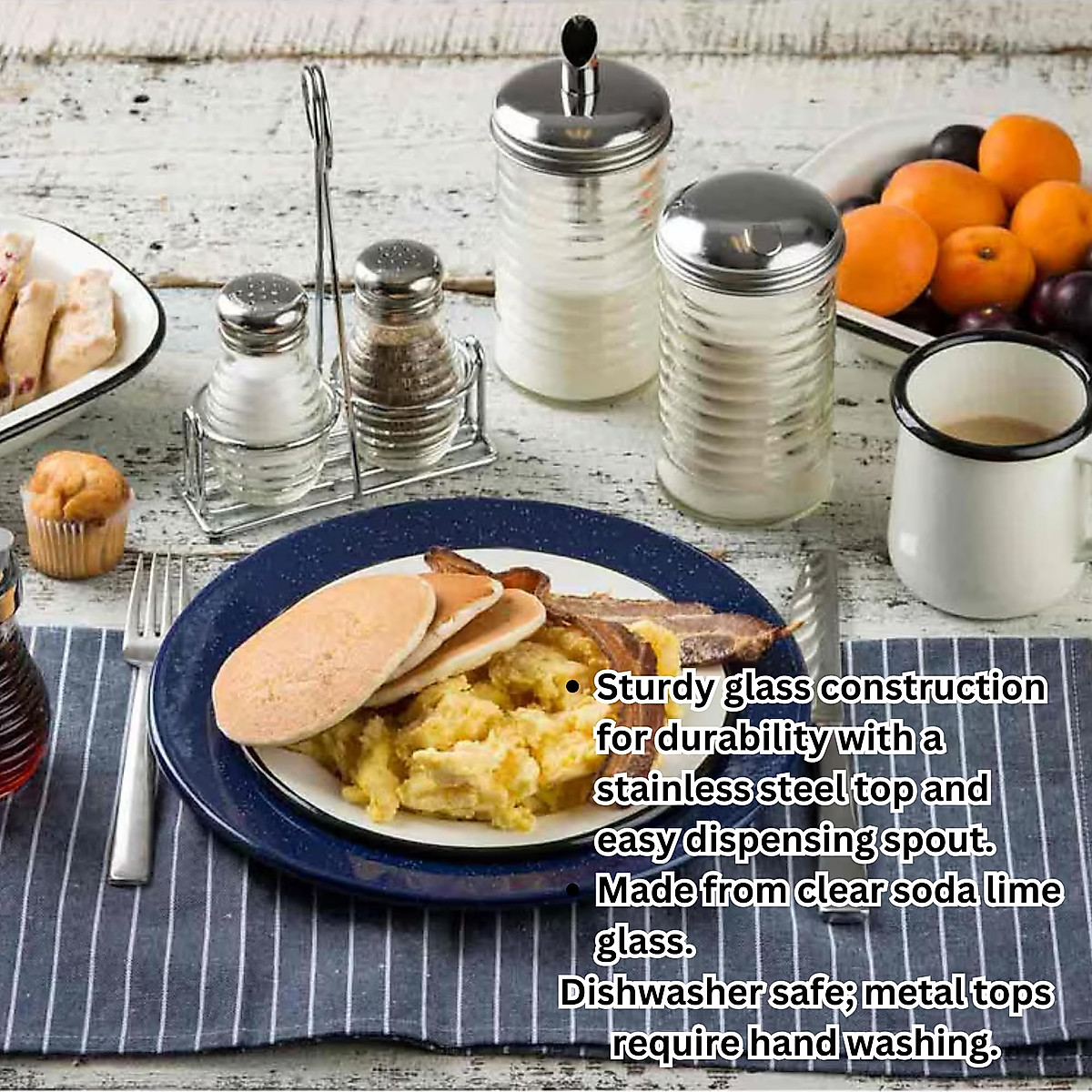 TableCraft HBH860 Beehive Collection Sugar Pourer, 12 oz., 6-5/8"H, Dishwasher Safe, Stainless Steel Pour spout, Glass, Clear