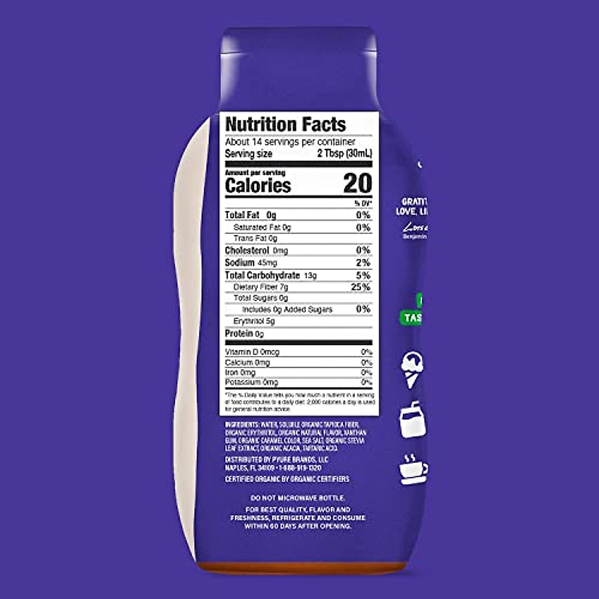 Pyure Organic Caramel Flavored Syrup, Zero Sugar, 1 Net Carb, Gluten-Free, Plant-Based for Vegan Keto Friendly Food, 14 Oz