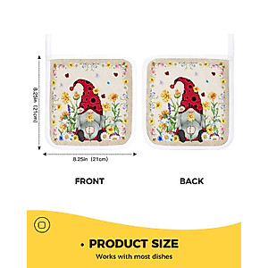 2 Pack Pot Holders for Kitchen,Spring Idyllic Gnome Yellow Daisy Flower Red Ladybug Heat Proof Potholder Hot Pads Trivet,Elf Country Floral Plant Washable Coaster Potholders for Cooking Baking