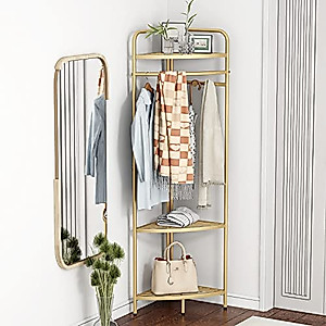 DOORXIFO Corner Gold Clothing Racks Freestanding, Gold Metal Coat Racks with Hooks, Heavy Duty Modern Clothes Rack with 3 Tier Storage Shelves for Home,Bedroom,Living Room
