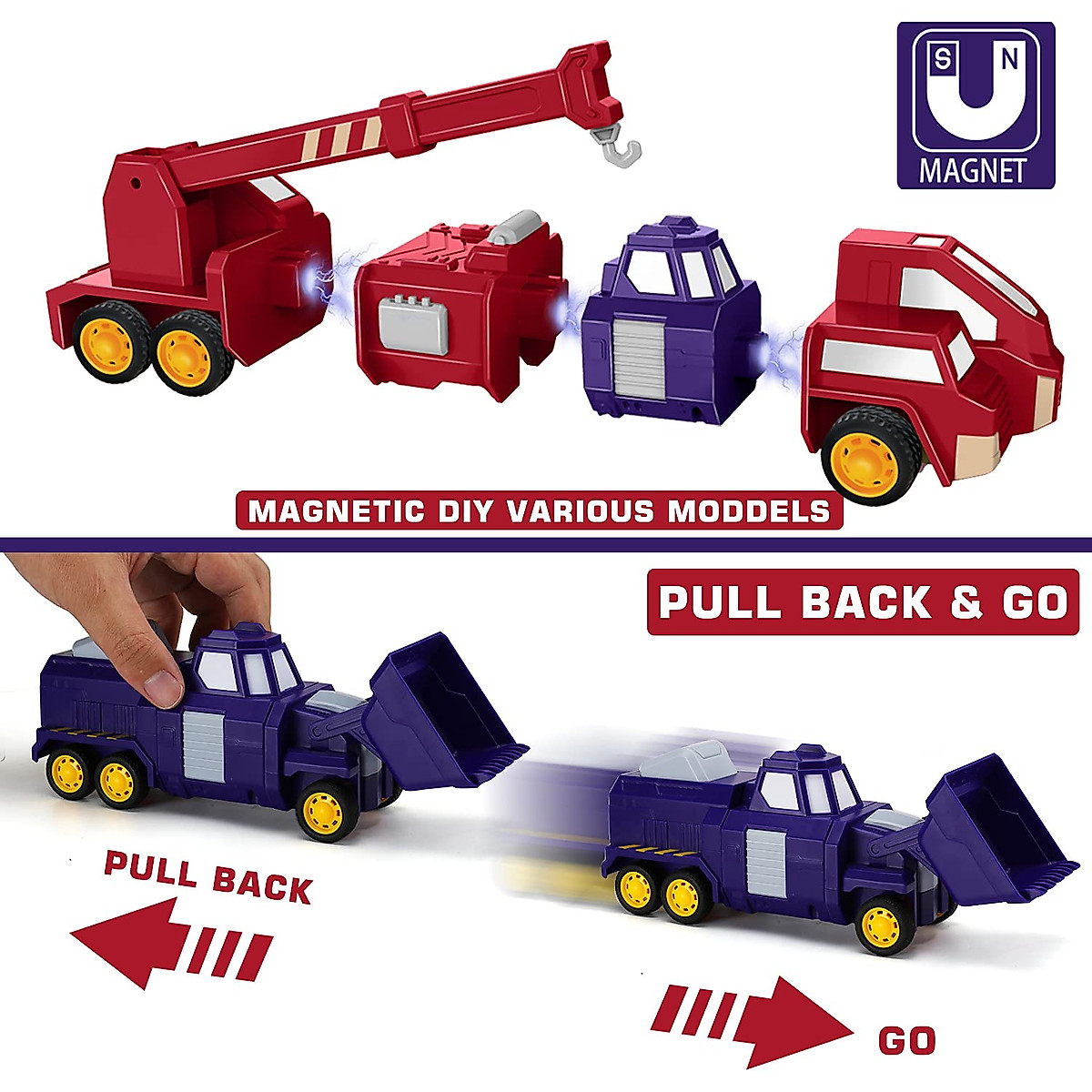 Bakatatoyz 5 in 1 Transform Robot Toy Car, Construction Toy for Boy Toddler Kid, 5 Pull Back Truck Assemble Into Robot Action Figure with Light & Sound, Magnetic Take Apart STEM Toys Birthday Gift