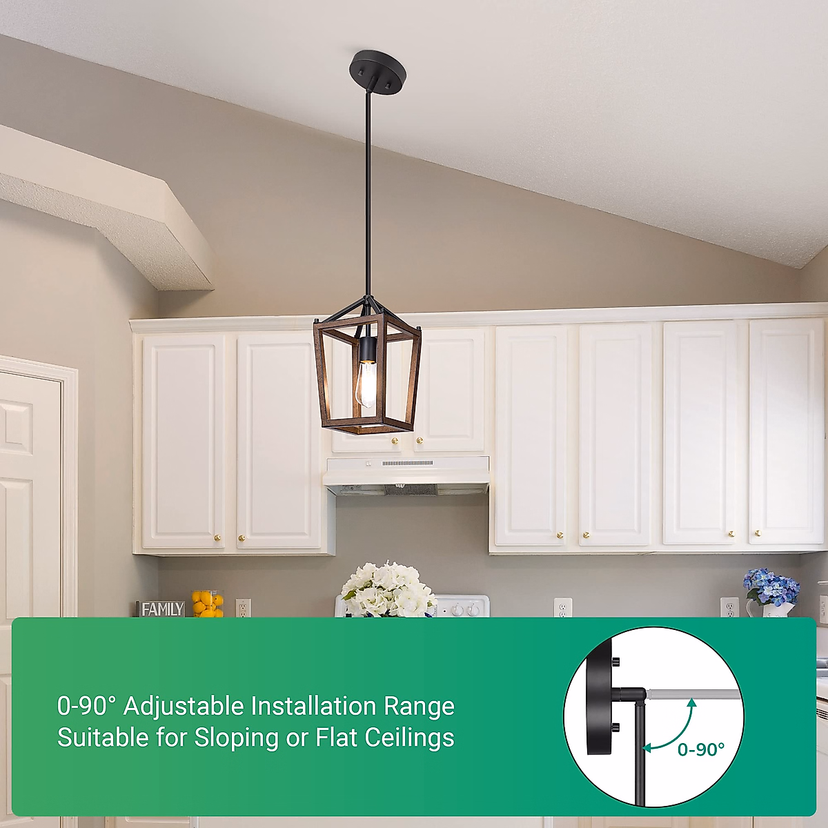 EDISHINE pendant lights for Kitchen Island, 1-Light Farmhouse Cage Hanging Light Fixtures, Rustic Wood with Brown Finish, Adjustable Height Pendant Light for Dining Room, Allway and Foyer