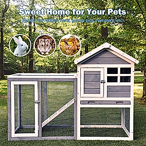 Tangkula Rabbit Hutch, Indoor Outdoor Bunny Cage with Run, Wooden Rabbit Cage with Waterproof Roof & Pull Out Tray, Chicken Coop Pet House for Rabbits, Chicken and Guinea Pigs (Gray)