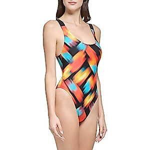 Calvin Klein Women's Standard Logo Elastic Straps Low-Cut Back Removable Soft Cups One Piece, Black City Lights