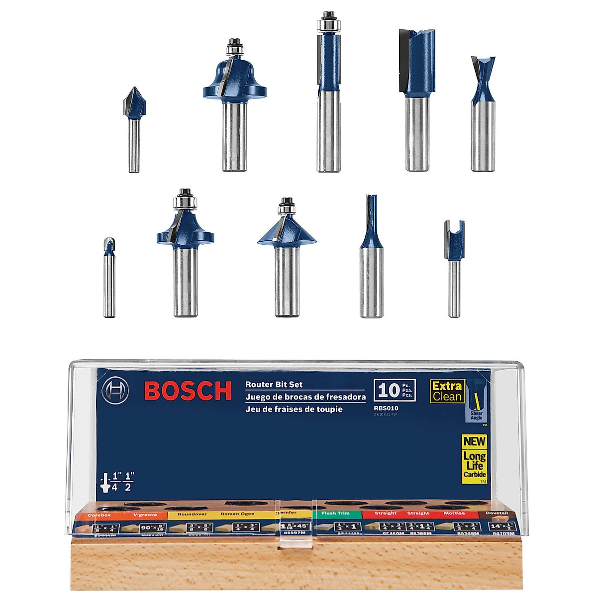 BOSCH RA1181 Benchtop Router Table and RBS010 1/2-Inch and 1/4-Inch Shank Carbide-Tipped All-Purpose Professional Router Bit Set, 10-Piece