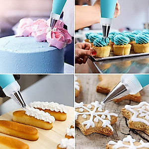 34Pcs Piping Bags and Tips Set, Bake Cake Decorating Kit with 24 Stainless Steel Tips, 2 Reusable Silicone Pastry Bags, 3 Icing Smoother, 2 Couplers, 2 Frosting Bags Ties and 1Pipe Brush