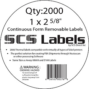 Thermal Label Printer Roll - 2000 (1" X 2 5/8") Removable Amazon FBA Labels - Compatible with Neatoscan and Zebra Printers