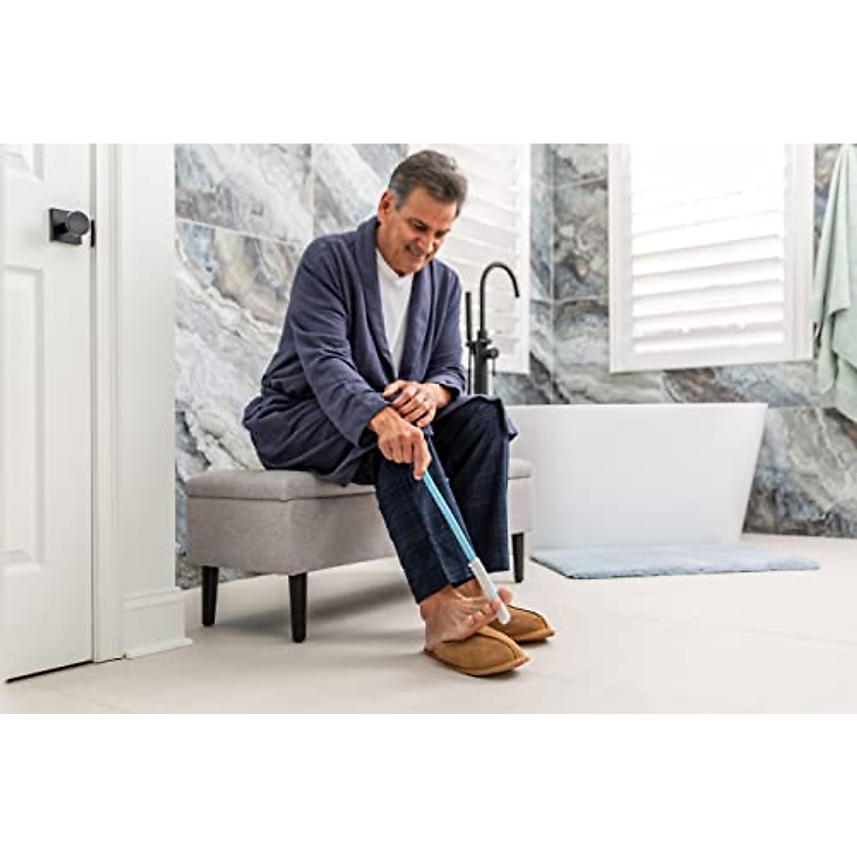 Burlingham's Toe and Foot Towel Brush with Reusable Drying Covers for Cleaning Between Toes, Soft Skin Exfoliation, Long 17” Handle for Seniors, Adults, or Kids, Washable Cloth