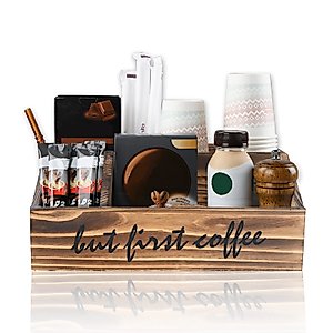 Coffee Bar Organizer, Wooden Coffee Station Accessories Storage Bin Box, Farmhouse Coffee Caddy Countertop Decor, Rustic Condiment Holder for Coffee Capsule Pod, sugar, Straw, Cups, Tea Bag Dispenser (Burnt Wood)