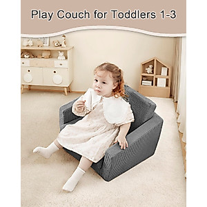 Jouha Thick Toddler & Kids Couch,Toddler Chairs Comfy, Soft Grey Kids Chair Convertible Seeper with Toddlers for Boys and Girls 1-3 to Playroom or Bedroom