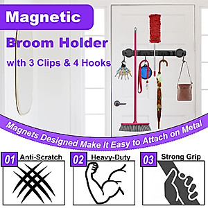 Magnetic Mop Broom Holder, Heavy Duty Magnetic Mop Hanger with 4 Hooks for Cleaning Tools, Strong Magnetic Tool Hanger Organize System Utility Rack for Refrigerators Laundry Garage Kitchen