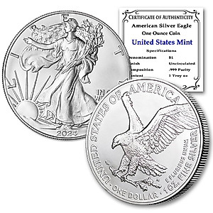 2024-1 oz American Silver Eagle Coin Brilliant Uncirculated with Certificate of Authenticity $1 Seller BU