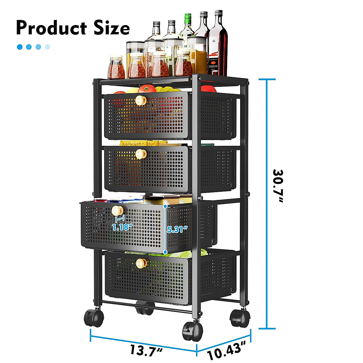 5 Tier Kitchen Rolling Cart with Drawers, Multipurpose Utility Cart, Storage Carts for Kitchen, Rolling Organization Carts with Lockable Wheels & Mesh Basket, Black