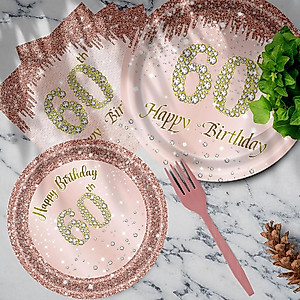 Rose Gold Birthday Party Supplies,Disposable Party Tableware Sets - 60 Years Paper Plates,Napkins,Plastic Forks Knives,Tablecloths,60th Birthday Decorations for Women,24 Guests