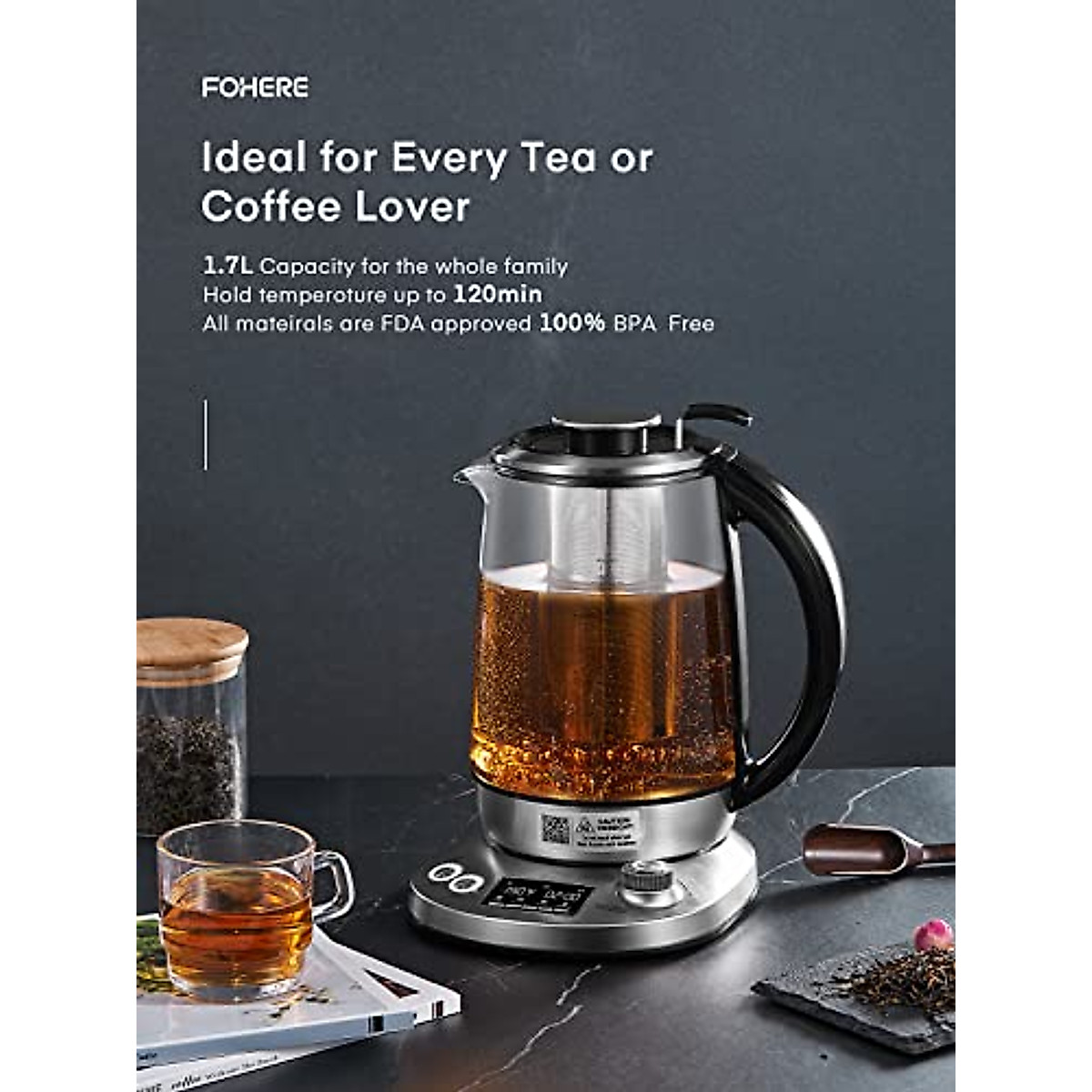 Electric Tea Kettle with 9 Presets, FOHERE Glass Kettle with Removable Infuser, 140℉ to 212℉ Precise Temperature Control, 1200W, 1.7L, Borosilicate Glass | Stainless Steel