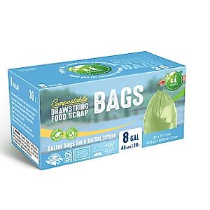 UNNI Compostable Drawstring Bags, 6-8 Gallon, 23-30 Liter, 45 Count, Heavy Duty 1 Mil, Medium Food Scrap Waste Bags, ASTM D6400, US BPI, CMA & Europe OK compost Certified, San Francisco