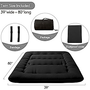 MAXYOYO Japanese Floor Mattress Futon Mattress, 4" Thicken Tatami Mat Sleeping Pad Foldable Roll Up Mattress Boys Girls Dormitory Mattress Pad Kids Floor Lounger Pillow Bed, Black, Twin Size