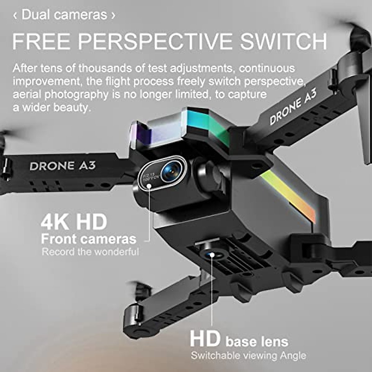 A3 Drone with Dual 4K HD Camera, WIFI FPV Real-Time Transmission, Auto Return, Follow Me, Headless Mode, 3D Flips, Remote Controller Video Extended with Backpack & Accessories Kit