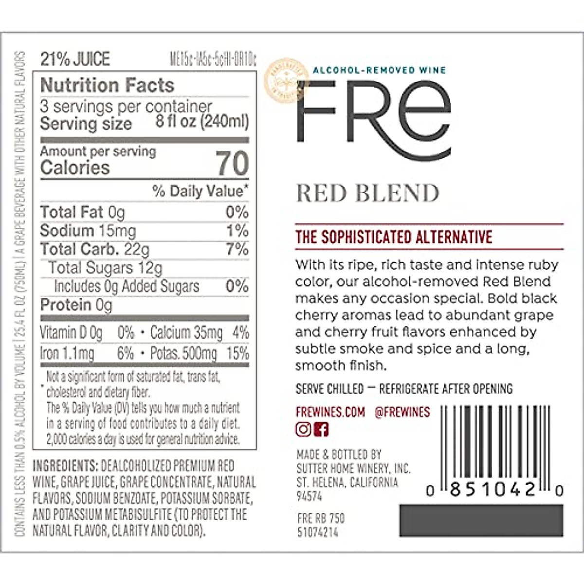 FRE Red Wine Blend, Alcohol-Removed, 750mL Wine Bottle