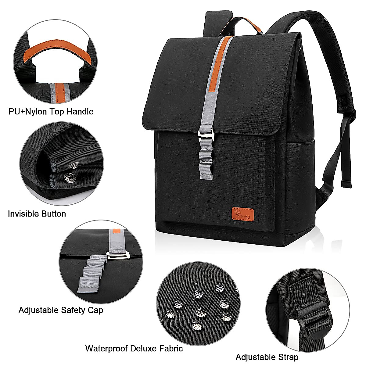 Voova Work Backpack for Adult Men Women, Vintage Laptop Backpack Computer Bag with 15.6 Inch Laptop Compartment, Fashion Casual Daypack Bookbag for Travel and College, Black