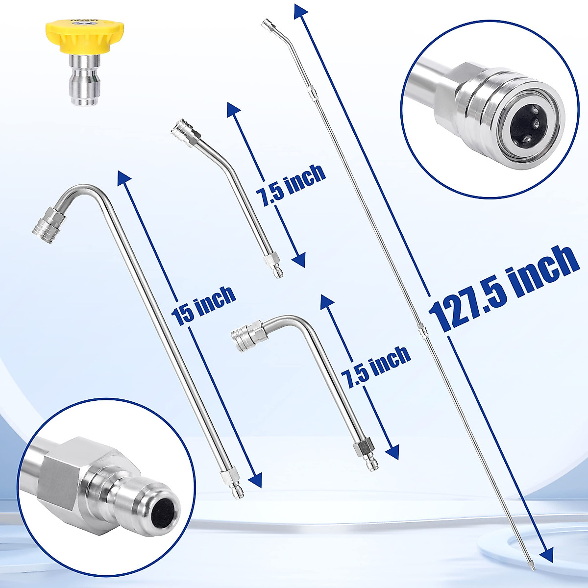 M MINGLE Pressure Washer Extension Wand - 120" Upgrade Power Washer Lance - Pressure Washer Accessories with 5 Nozzle Tips - 30°/90°/120° Curved Rod, 1/4" Quick Connect