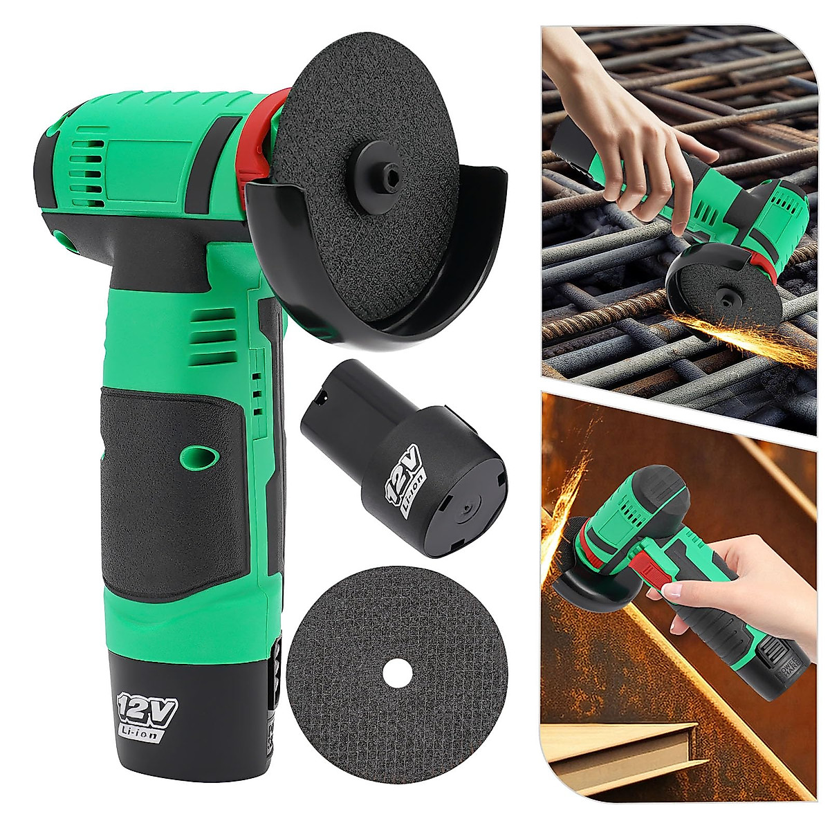 HuaShuani Cordless Angle Grinder, Rechargeable Electric Cutting Machine Angle Grinder, 12V Mini Portable Brushless 19500RMP, 2 Batteries, for Plastic/Pipe/Drywall Cutting and Grinding, Green