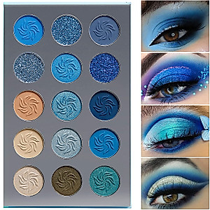 Afflano Blue Eyeshadow Palette Matte Shimmer, Highly Pigmented Waterproof Space Blue Eye Shadow Palette, Navy Silver Blue Glitter Eyeshadow Pallet for Christmas Snowflake Blue Eyes Makeup
