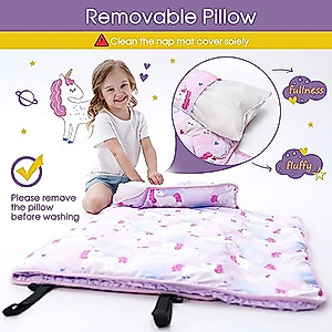 BORPRES Toddler Nap Mat-Nap Mats for Preschool Daycare Boys Girls,Kids Sleeping Mat with Removable Pillow and Blanket,Extra Thick Large Slumber Bag for Travel Camping,Unicorn.