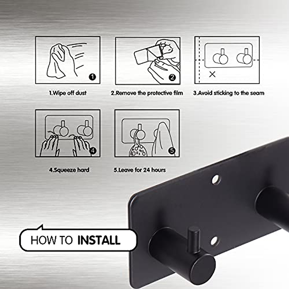 Black Adhesive Towel Hooks for Bathrooms Wall Mount no drill Shower heavy duty Wall Hook self adhesive towel rack Stick On Wall Coats Hooks Stainless Steel Adhesive hanger for Kitchen,Door,Key,4 Hooks