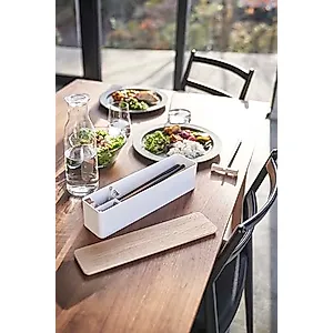 YAMAZAKI Home Rin Utensil Case Knife Fork Spoon Silverware Cutlery Holder With Divider, Portable For Kitchen Counter Or Table - Plastic + Wood