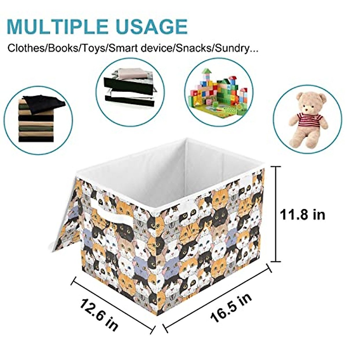 CaTaKu Large Fabric Storage Bins With Lids, Animal Cats Head Storage Boxes With Handles for Organizing Clothes, Collapsible Storage Cube Bins Baskets for Shelves