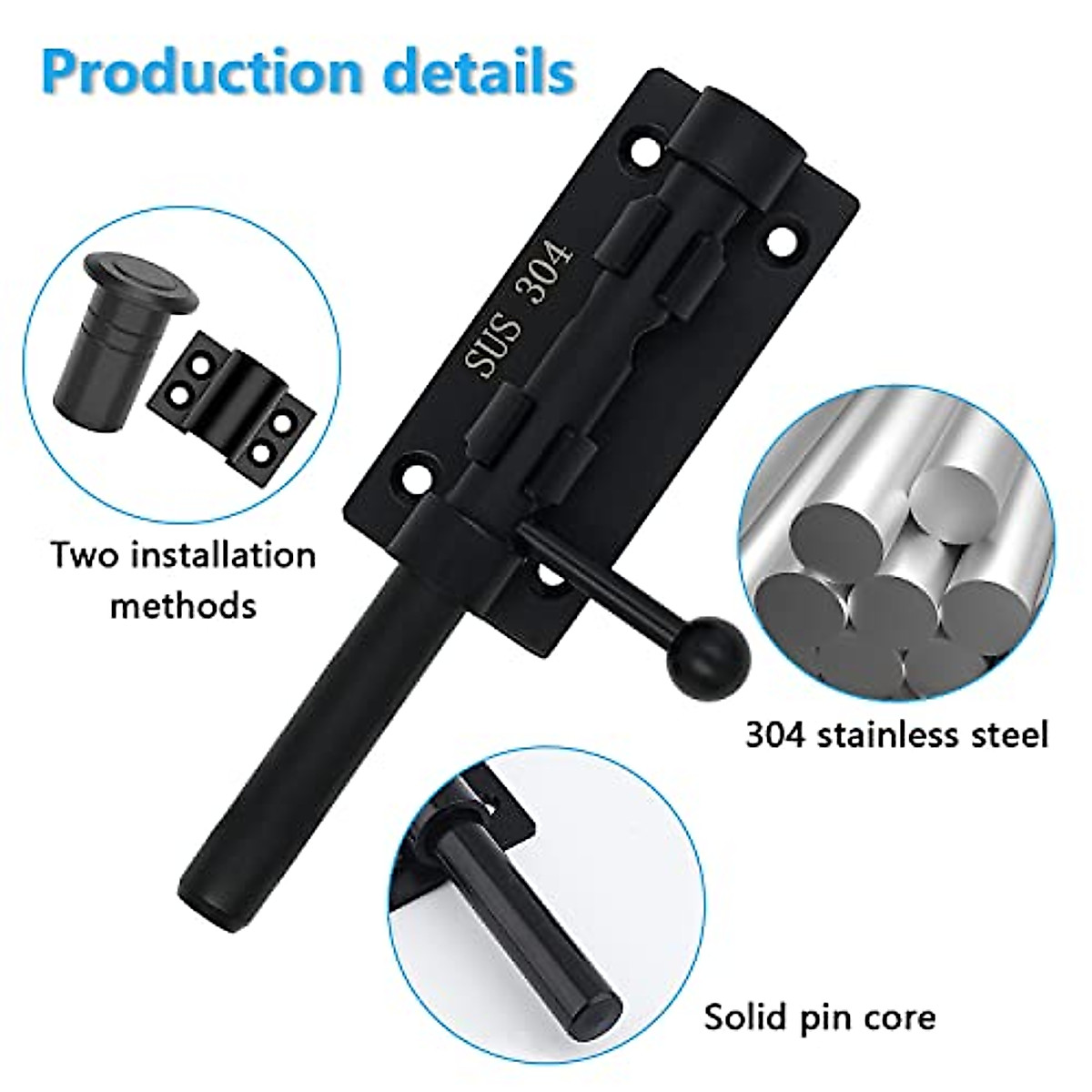 2 Pack 6.3Inch Gate Barn Lock Latches, 304 Stainless Steel Barrel Slide Bolt Black Door Latch, Fit for Outdoor Wooden Fence, Yard Doors, Garages, Bedrooms, Cupboards and Window