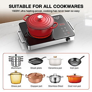 Electric Cooktop, Portable Single Burner Stove With Plug, 1800W Hot Plate Countertop, Child Safety Lock, Timer, 110V Infrared Burner, Touch and Knob Control