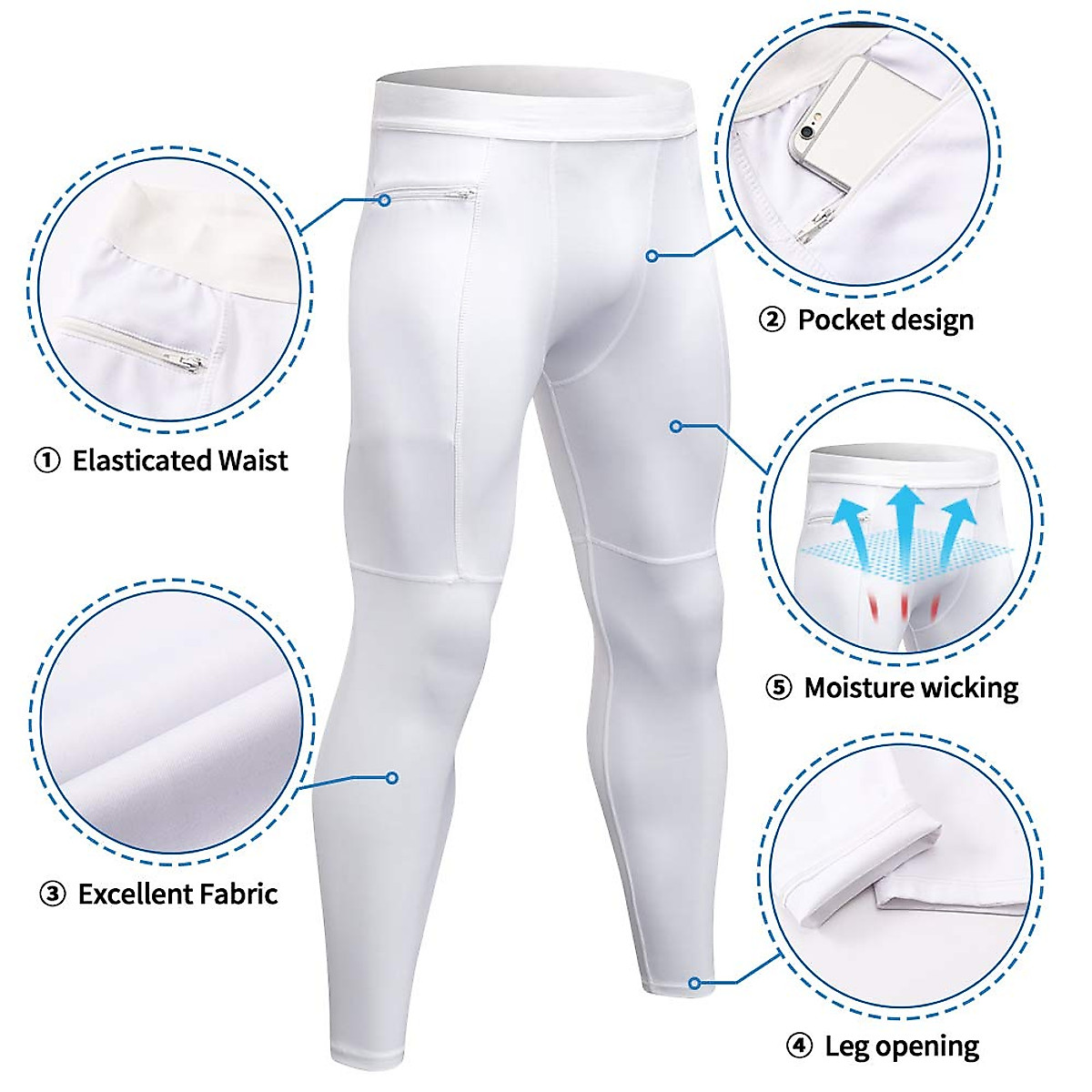 WRAGCFM Compression Pants Men,Tights for Men Running Workout Basketball Athletic Sports Leggings Compression Tights with Pockets White,S