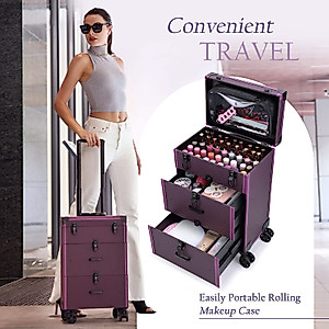 FRENESSA Rolling Nail Case Wheeled Manicure Storage Case Polish Organizer Professional Makeup Trolley for Studio or Travelling Nail Technician Artists Cosmetologist Stylist - Purple Vegan Leather