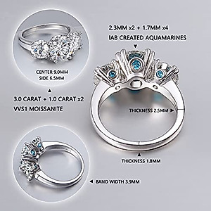 CivetCat Moissanite Three Stone Rings with Sapphire for Women 5cttw Moissanite Aquamarine Wedding Ring Center 3.0 ct with Side 1.0 ct DEF color VVS Certified Moissanite Diamond Platinum Plated