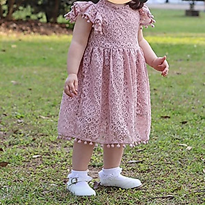Niyage Toddler Girls Elegant Lace Pom Pom Flutter Sleeve Party Princess Dress Dusty Pink 90
