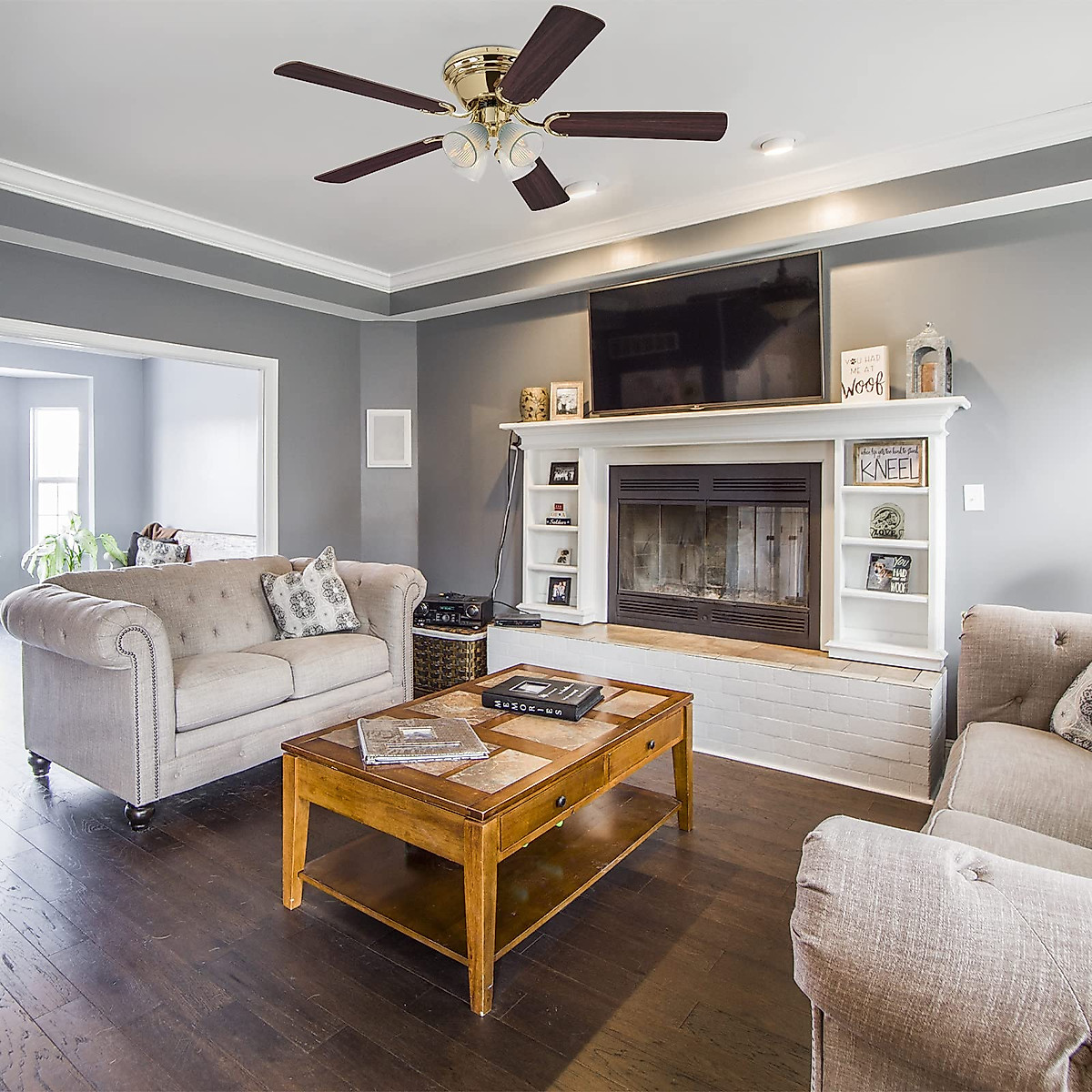 Ciata Lighting 52 Inch Contempora IV Polished Brass Finish Indoor Ceiling Fan with Dimmable LED Light Fixture in Clear Ribbed Glass with Reversible Walnut/Oak Blades