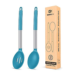 Pack of 2 Large Silicone Cooking Spoons,Non Stick Solid Basting Spoon,Heat-Resistant Kitchen Utensils for Mixing,Serving,Draining,Stirring (BLUE)