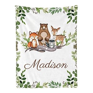 Yeshop, Woodland Forest Animals Personalized Receiving Baby Blankets for Girls Boys with Name,Customized Swaddle Blankets Gift for Newborn Crib Infants 30x40 Inches