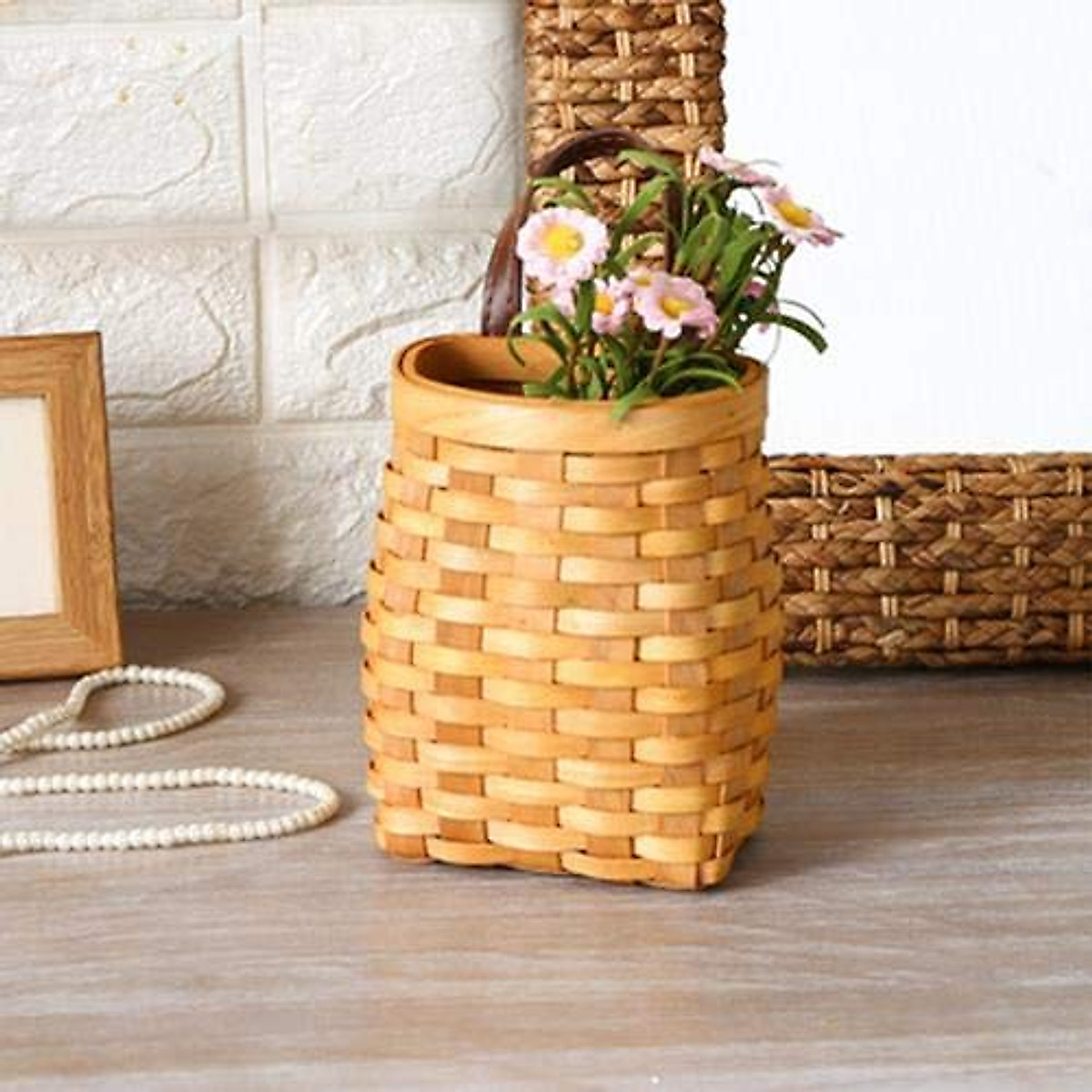 hanging wicker basket Hand-Woven Wood Storage Basket Portable Wall Hanging Flower Basket Organizer Fruit Vegetable Rattan Box Home Decoration Height 6.1in