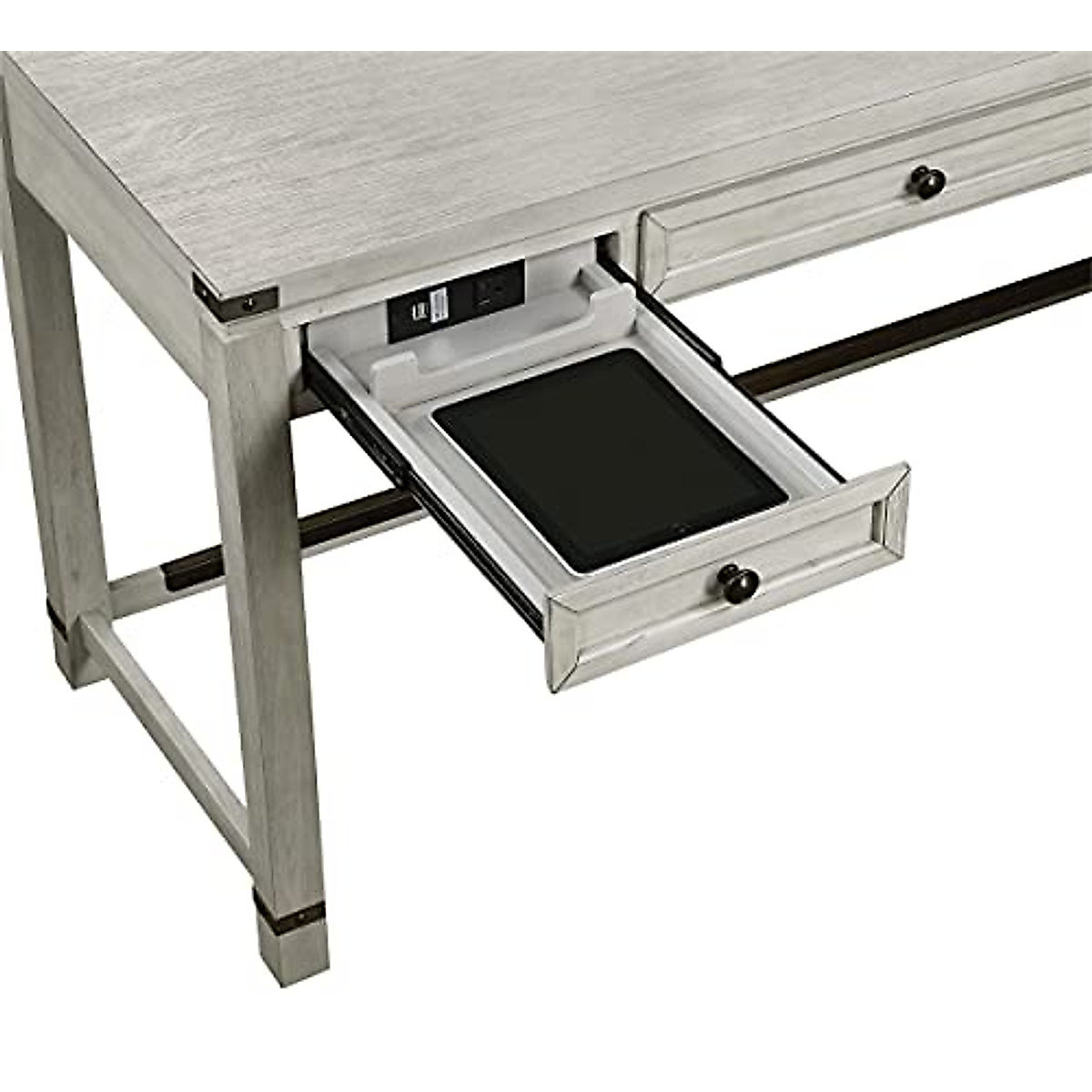 OSP Home Furnishings Baton Rouge Rustic L-Shape Office Desk with Power Port Drawer, Champagne Oak Finish