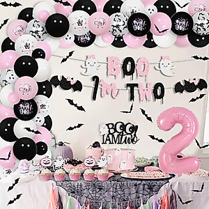 Halloween 2nd Birthday Decorations Girl, Boo I’m Two Banner & Cake Topper, Black Pink White Balloon Garland Arch Kit with 3D Bat Wall Stickers Number 2 Ghost Foil Balloons for Second Bday Party