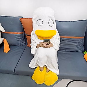 White Duck Funny Blanket, Elizabeth Pajamas Duck, Wearable Loose One-Piece Pajamas Sleeping Bag with Duck foot shoes, Super Soft Flannel Hoodie Anime Cosplay Costume For Men Women