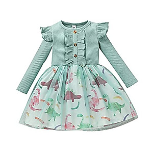 Baby Toddler Girls Fall Winter Long Sleeve Dress Floral Princess Casual Dress Kids Ribbed Tutu Skirt