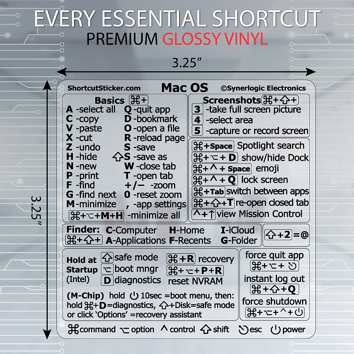SYNERLOGIC Mac OS (Sonoma/Ventura/Monterey/Etc) Keyboard Shortcuts, M1/M2/M3/Intel No-Residue Clear Vinyl Sticker, Compatible with 13-16-inch MacBook Air and Pro