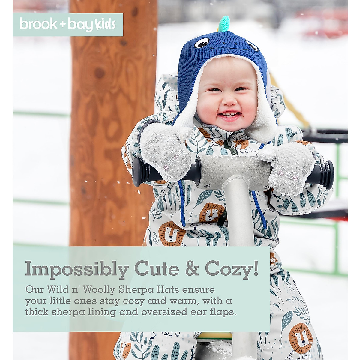 Brook + Bay - Sherpa Baby Animal Hats for Winter - Toddler Animal Ear Hat, Baby Hat Animal Ears, Baby Winter Hat for Boys and Girls - Blue Dinosaur